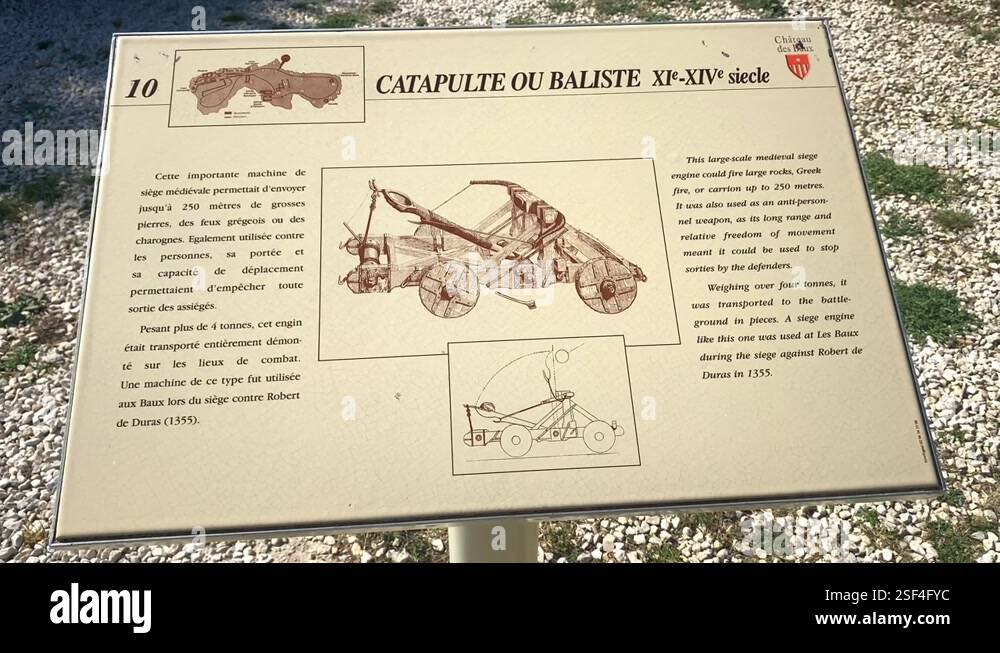 Catapult or ballista signboard in the chateau of Les Baux de Provence ...