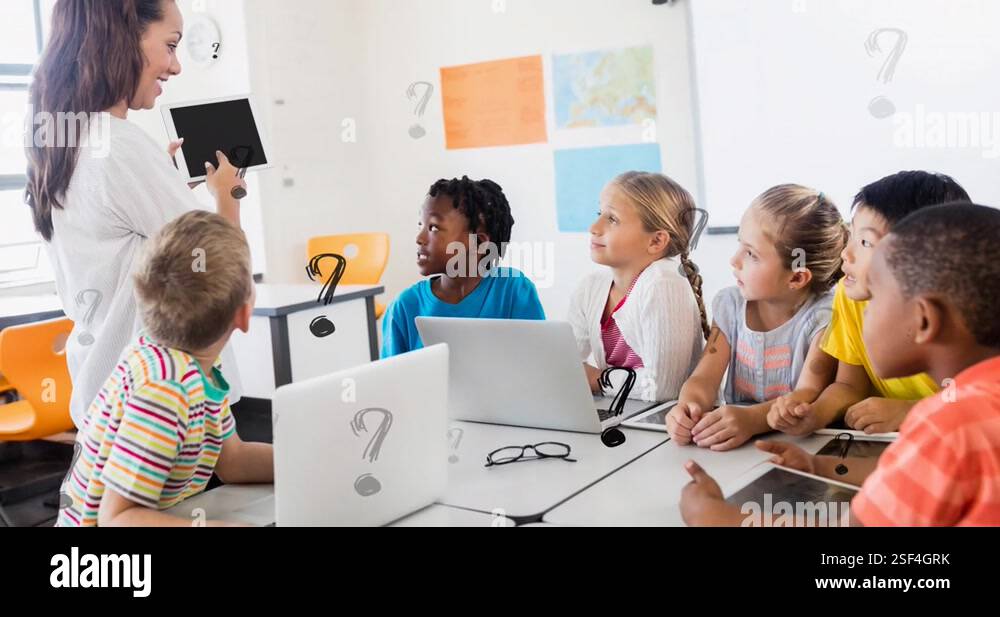 Animation of question marks over female elementary school teacher and ...