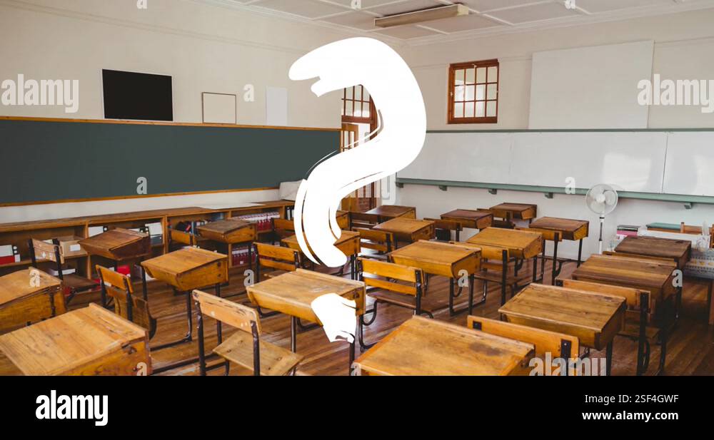 Animation of white question mark over chairs and desks in empty school ...