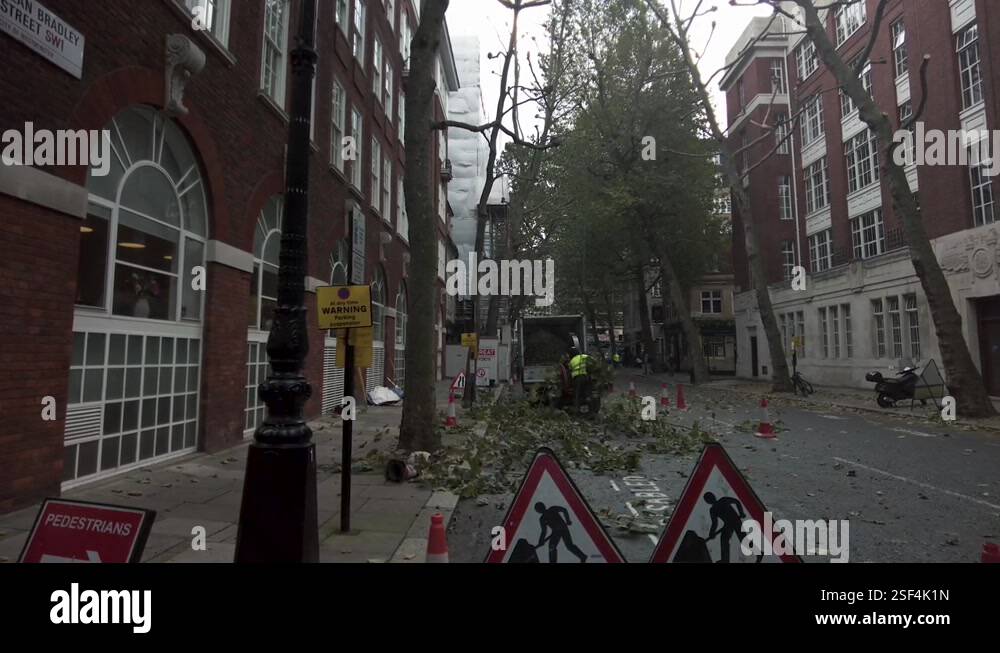 Static view of ‘Work in progress’ and ‘Footway Closed Ahead’ sign ...