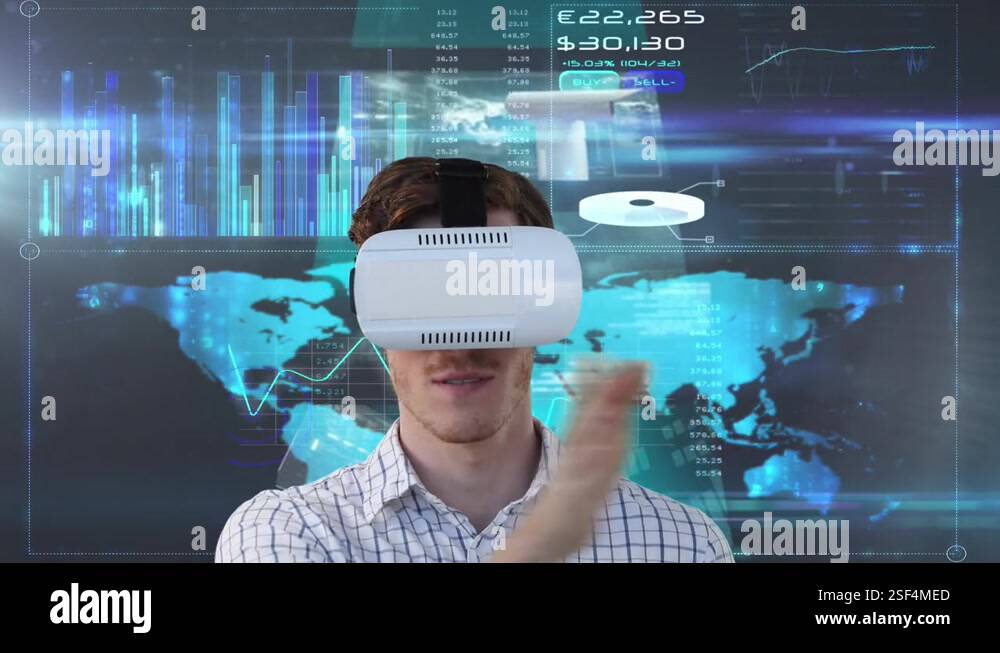 Animation of caucasian businessman wearing vr headset over world map ...