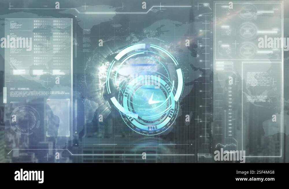 Animation of clock over scope scanning with globe and data processing on screen Stock Video ...