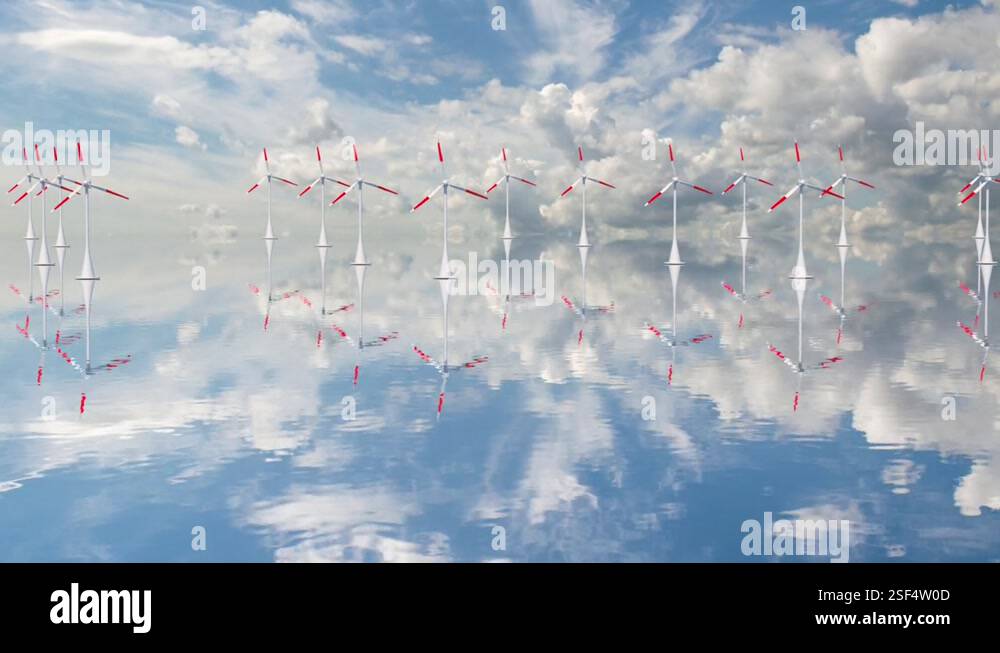 Camera pulls back to show an aerial view of a long row of offshore wind ...