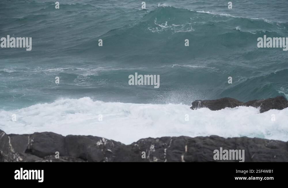 Dangerous Waves Rolling And Crashing On Rocky Coast Of Genoa, Italy ...