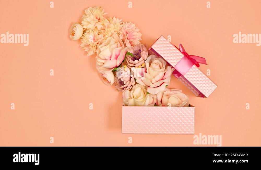 Gift with ribbon appear on pastel orange theme and flowers come out ...