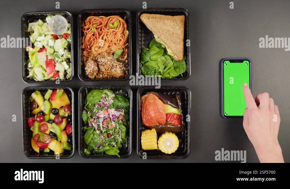 Take away meals top view, food delivery app, balanced nutrition. Fresh ...