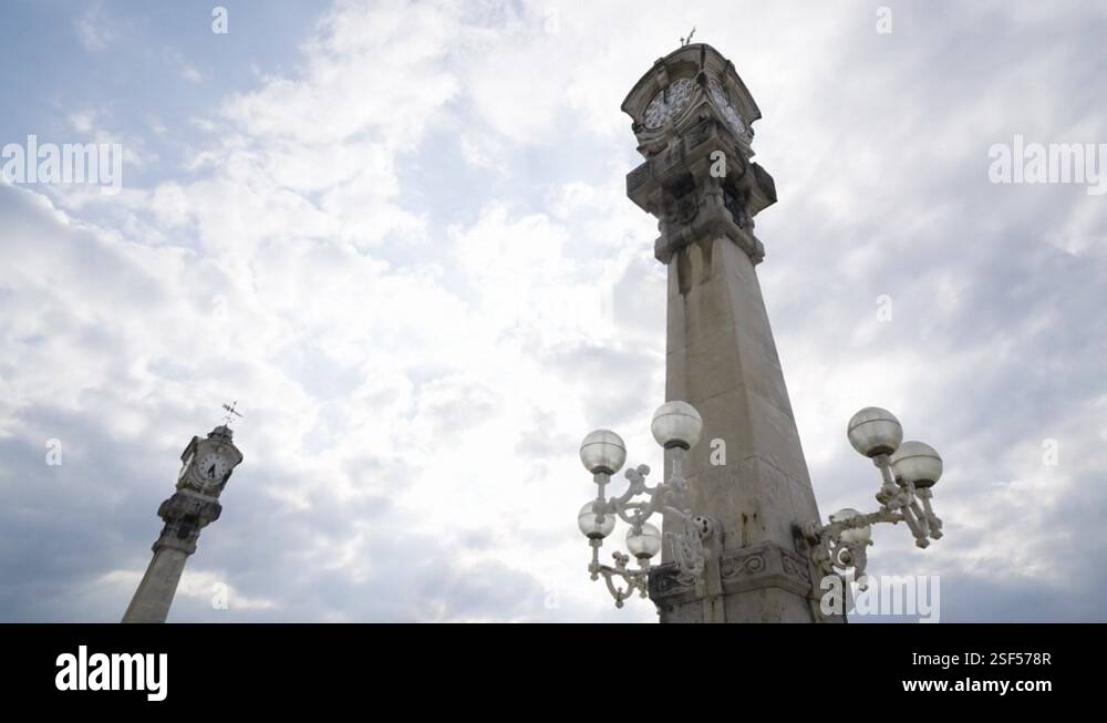 Majestic lamp pole and clock in downtown of San Sebastian, gimbal orbit ...