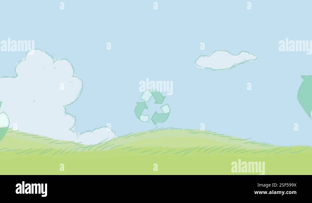 Animation of Recycle logo, on the cloudy blue sky background, Save the ...