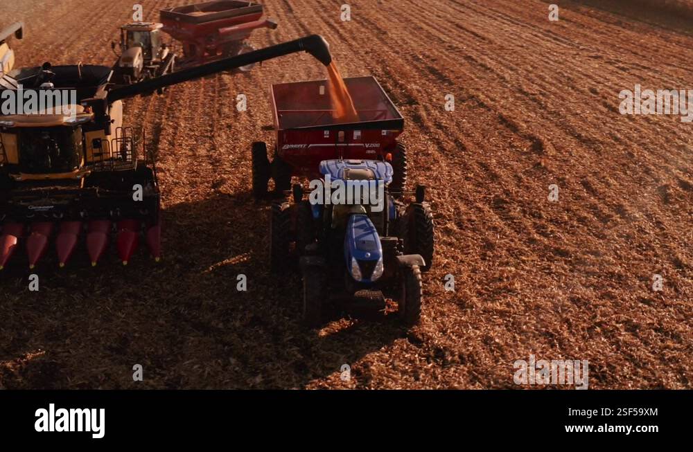 4K AERIAL FOOTAGE OF COMBINE OPERATION WITH SUPPORTING TRACTORS REAPING ...