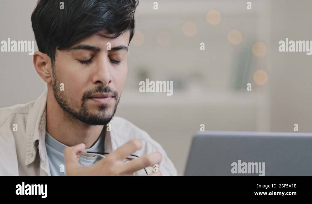 Close-up male focused arabic young guy business man freelancer looking ...