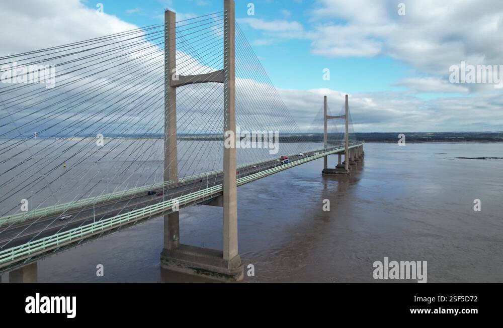 Large cable-stayed highway bridge over wide river Stock Video Footage ...