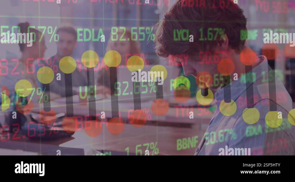 Animation of changing numbers on stock exchange screen over caucasian ...