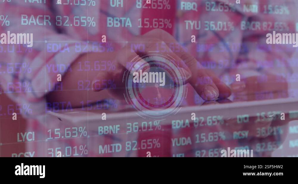 Animation of changing numbers on stock exchange screen over hands of ...