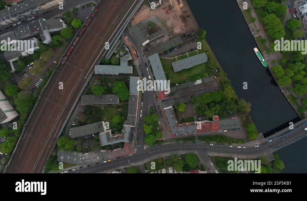 Aerial birds eye overhead top down view of multitrack railway line ...