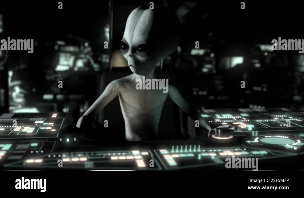 3D CGI VFX animation of a classic Roswell style grey alien sitting at ...