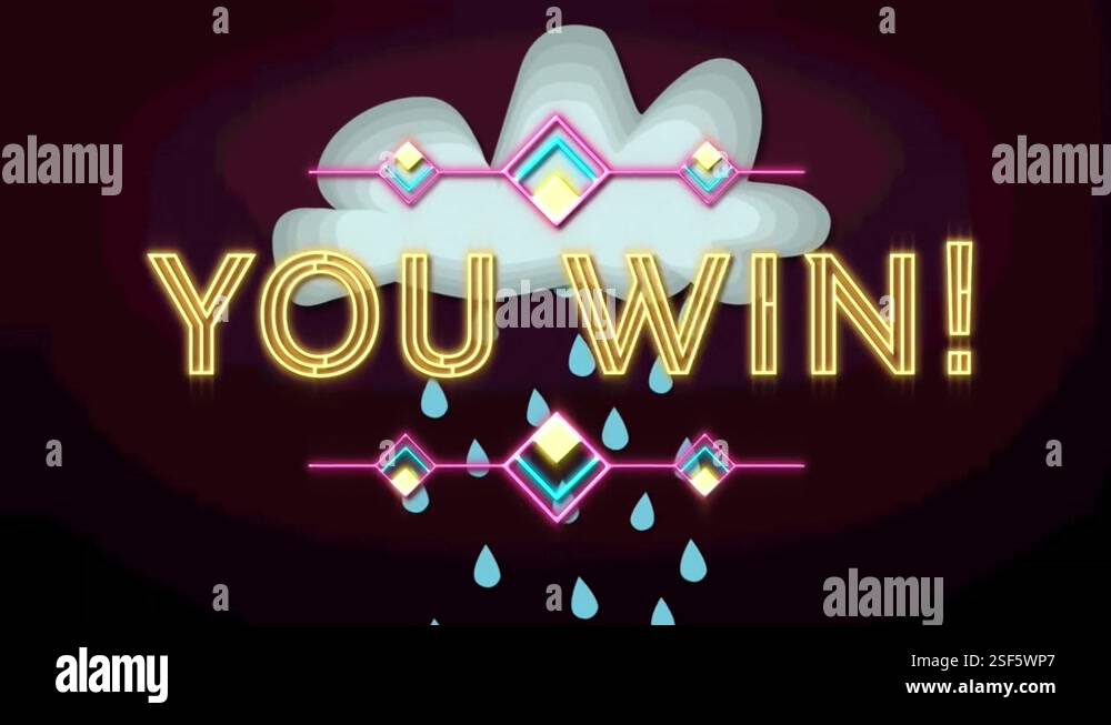 Animation of you win text over cloud with rain on purple background ...