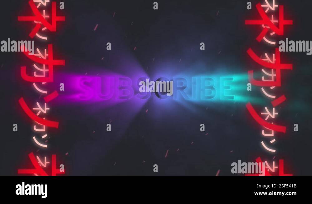 Animation of subscribe text over signs and lights spots on black ...