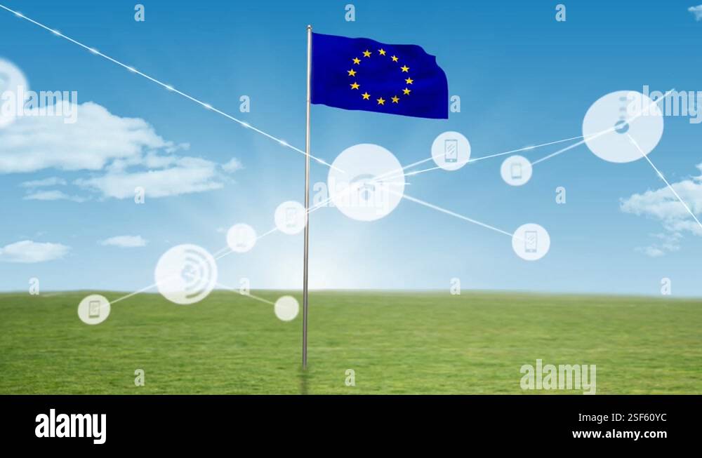 Animation of network of connection and icons over ue flag and cloudy ...