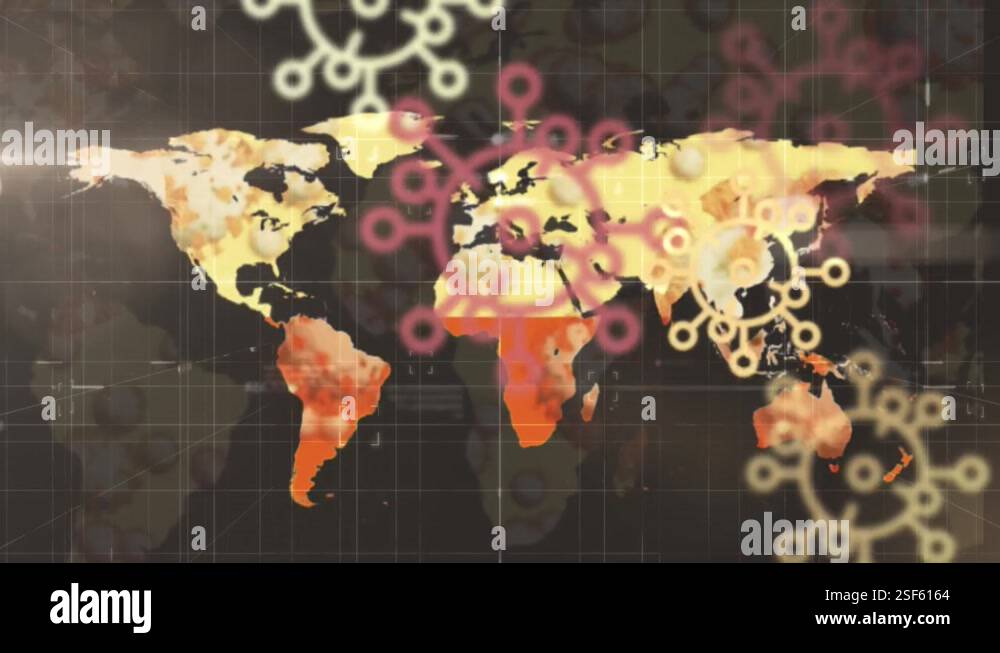 Animation of falling multiple covid 19 cells over world map on black ...