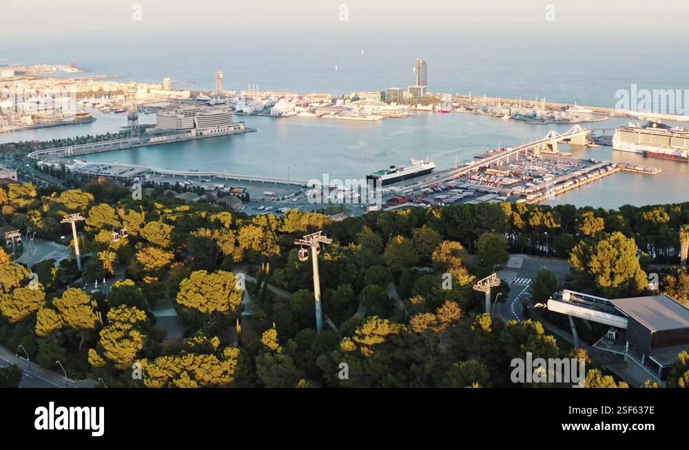 Aerial view of Barcelona cityscape, marinas and yacht harbors, fishing ...