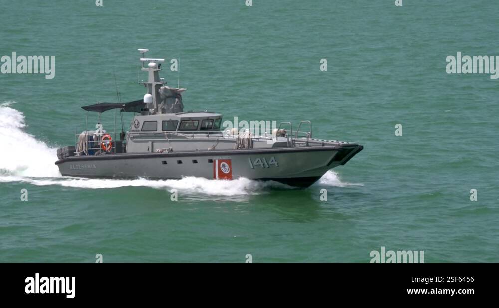 A Mexican navy interceptor boat sails at the Ciudad del Carmen oilfield ...