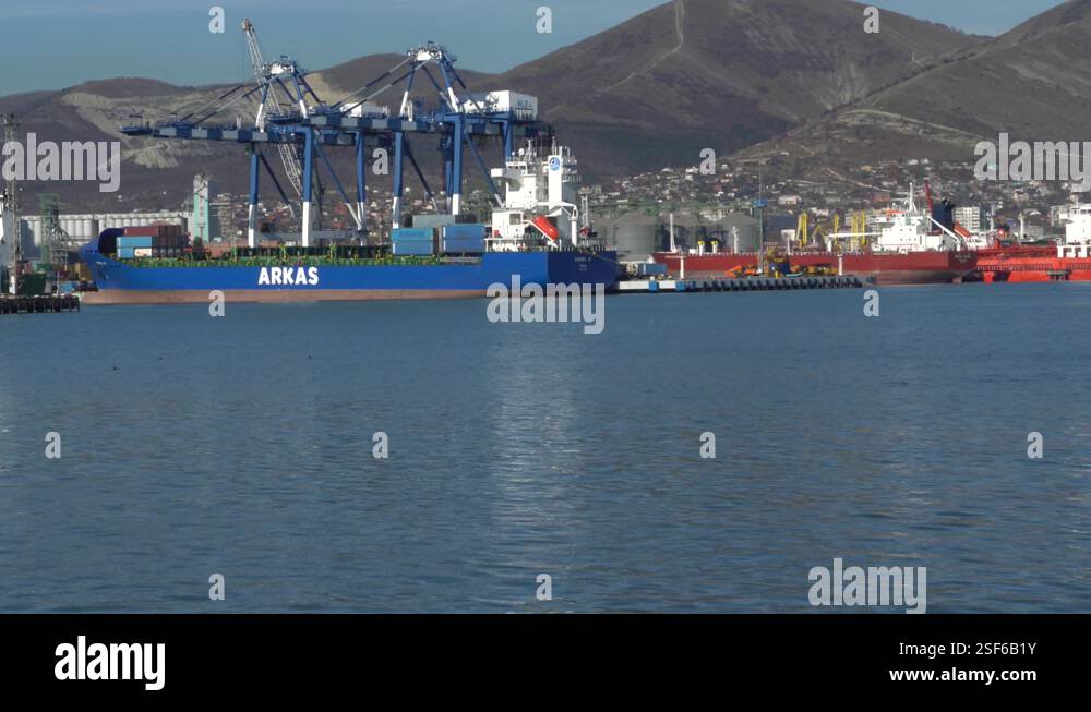 Container ship Arkas at berth for loading. Novorossiysk commercial sea ...