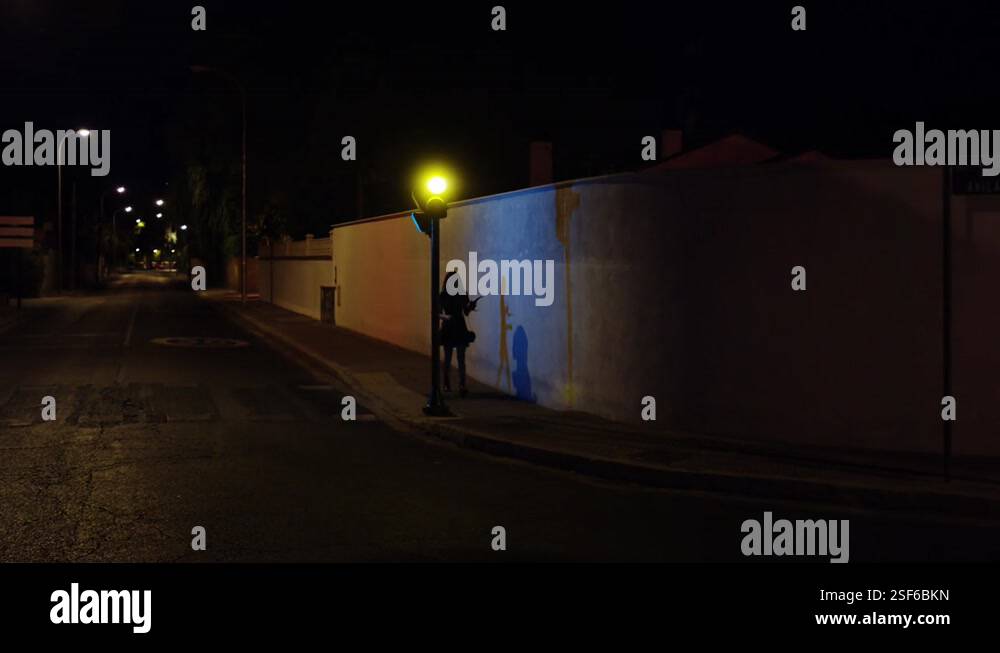 Scared Young Woman Looking Back While Walking Alone In The Dark Street ...
