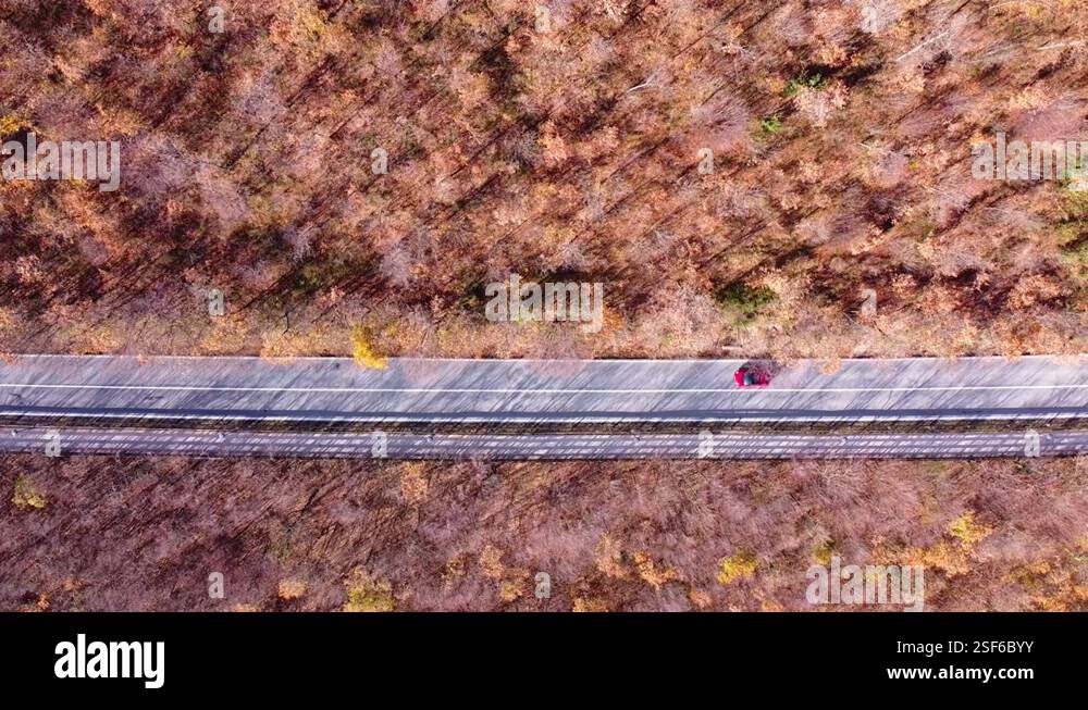 scenic aerial view of a red car passing on a straight asphalted road in ...
