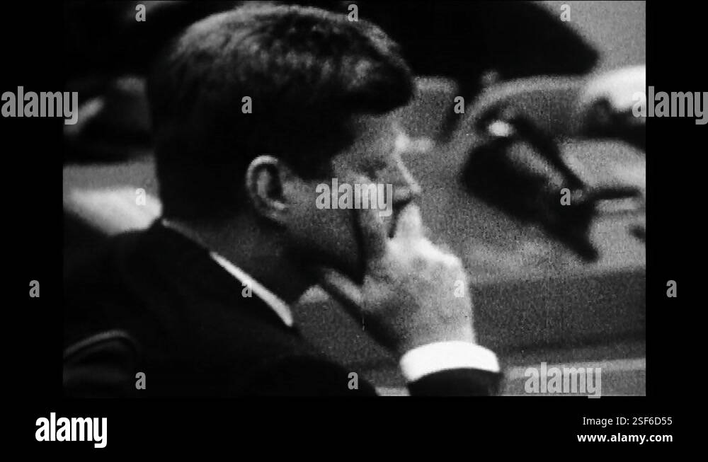 1960s: John F Kennedy and Lyndon Johnson with officers. Close up of ...