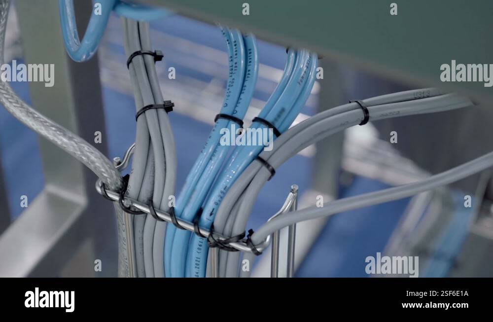 In industrial production many wires of gray and blue colors are laid in ...