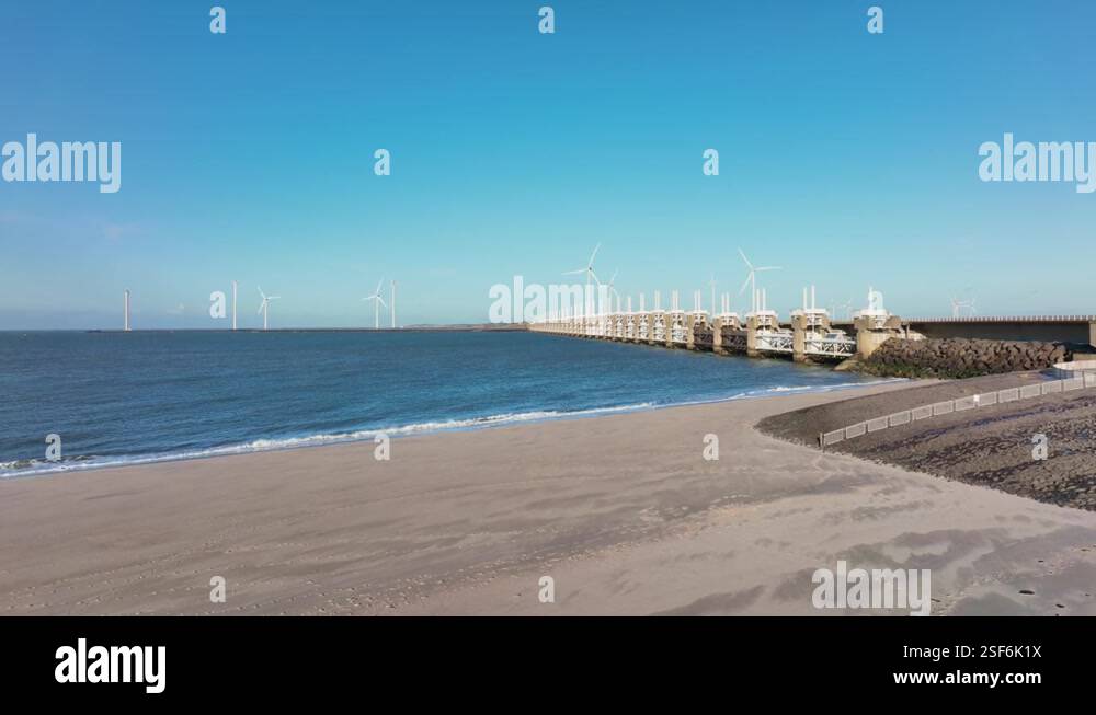 Aerial shot of a beach near the Eastern Scheldt storm surge barrier in ...