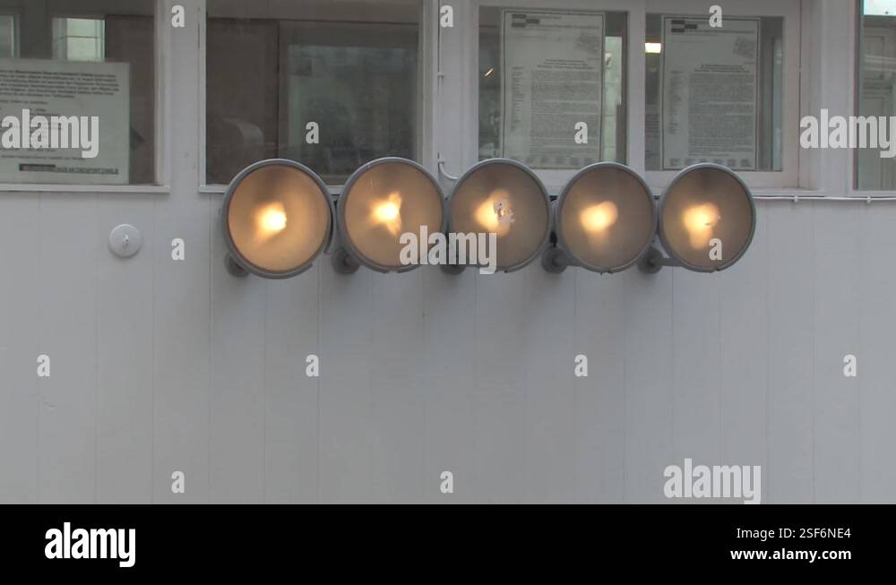 Close up of spotlights on former border crossing Checkpoint Charlie in ...