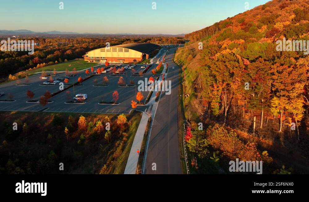 Colorful mountain hillside. Autumn fall foliage at magic hour. Aerial ...