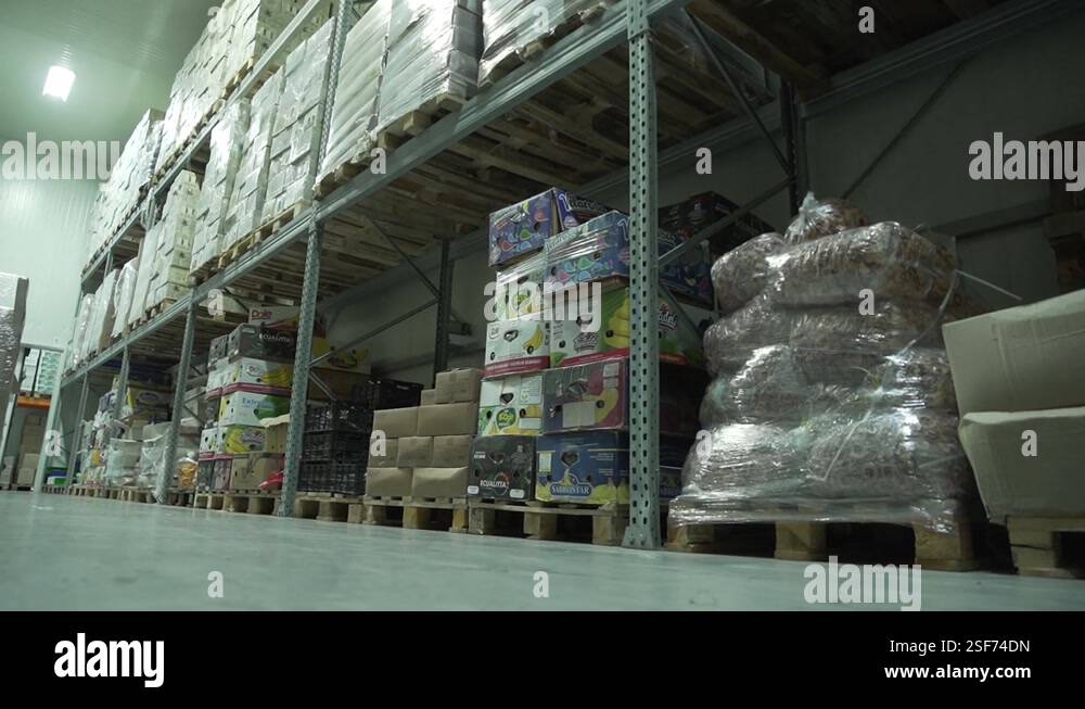 Boxes of groceries in a industrial food large cold storage safety ...
