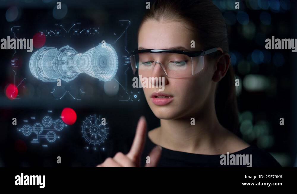 Engine hologram inspection woman analysing holographic image in digital ...