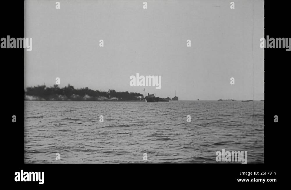 1940s: Planes flying. Long shot of ship. Ship guns firing. Soldiers ...