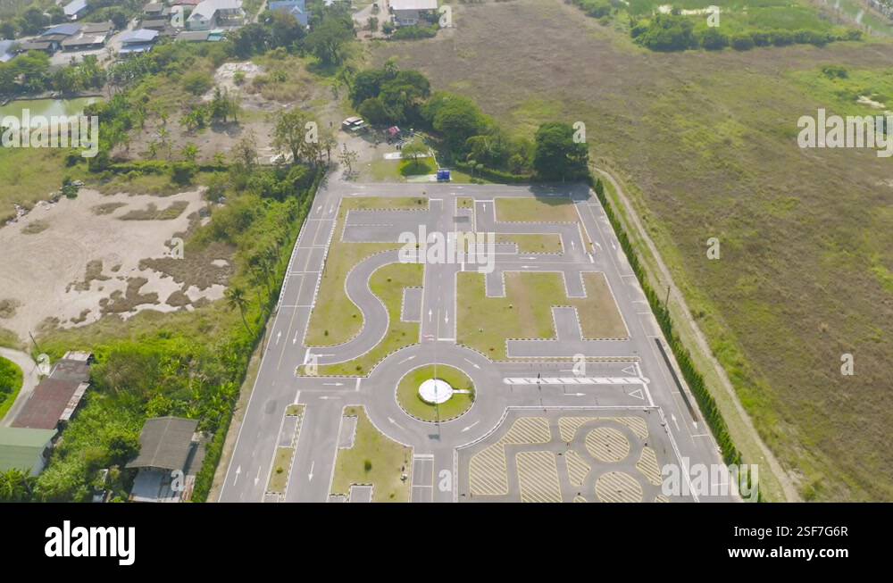Aerial top view of a car driving test center with street road. Course ...