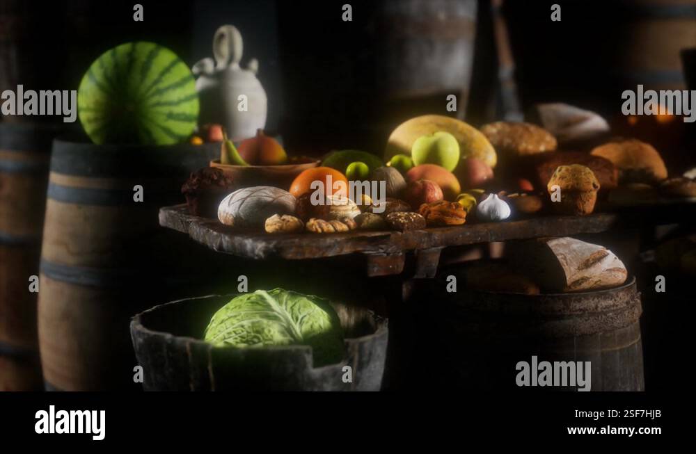 food table with wine barrels and some fruits, vegetables and bread ...