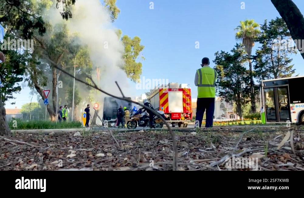 Arrive public Transport Bus on fire. Police squad and fire engine ...