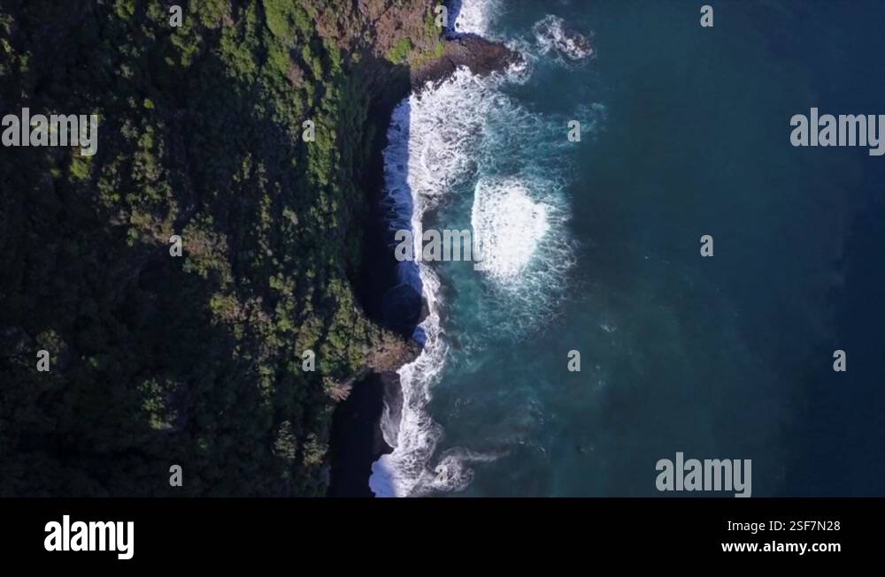 Waves Rushing On Cliffs At Nogales Black Volcanic Sand Beach, Aerial ...