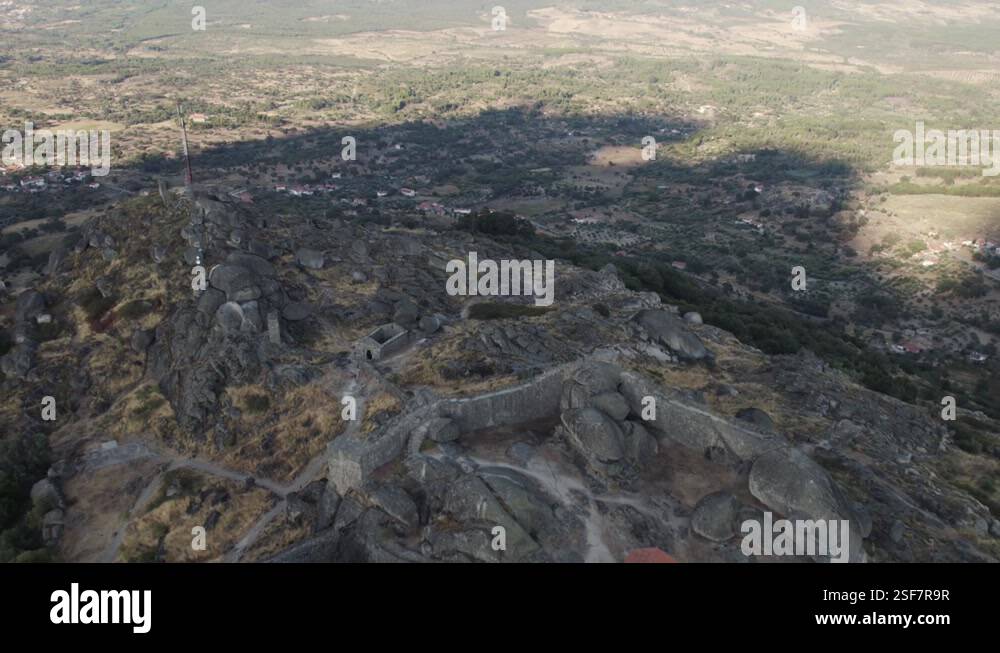 Castle of Monsanto, medieval stronghold. Fly over inner courtyard with ...