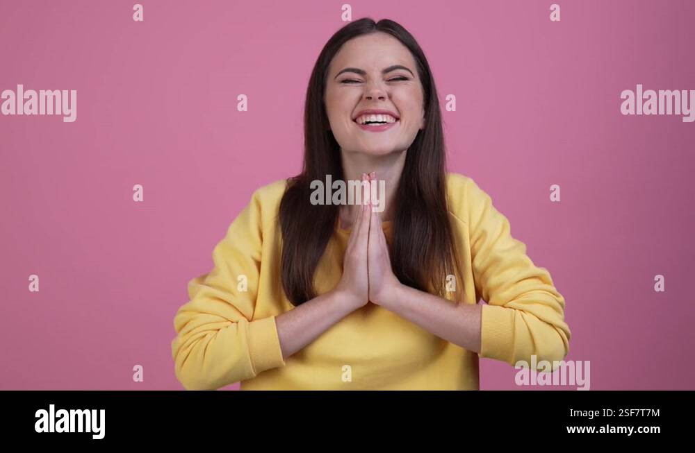Lady get unbelievable present fist up isolated pastel color background ...