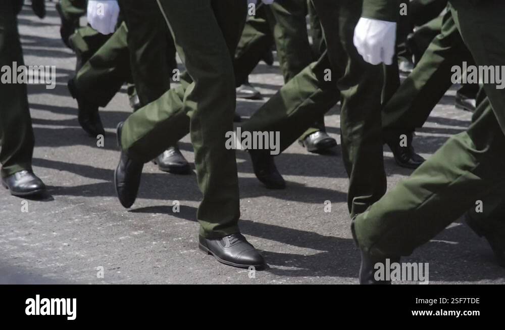 A close-up of the feet of military men who march on the parade . Same ...