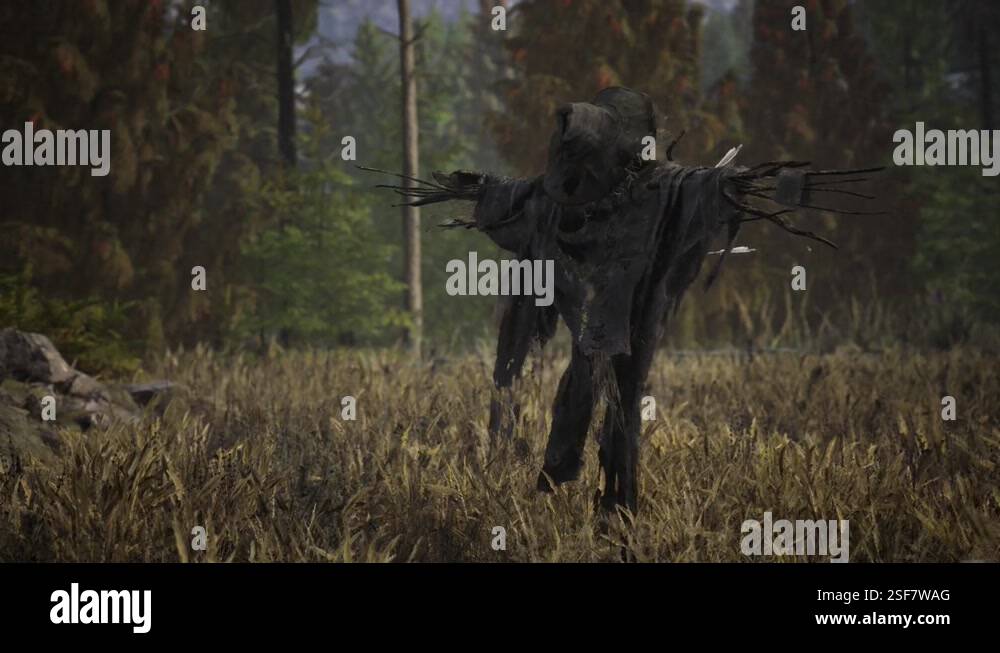 terrible scarecrow in dark cloak and dirty hat stands alone in autumn ...