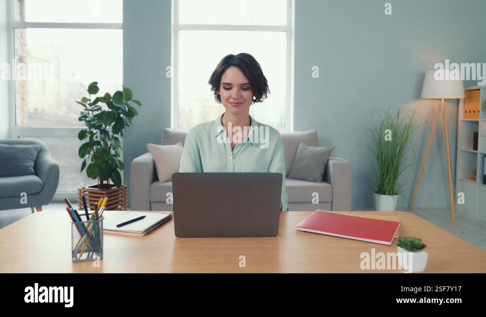 Lady secretary video call device boss meeting write list in workstation ...