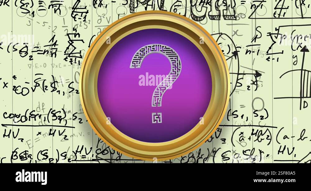 Question mark symbol over purple round banner against mathematical ...