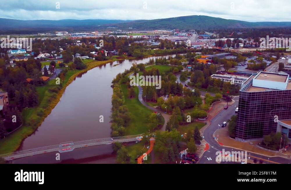4K Drone Video of Griffin Park and Chena River Viewpoint and Bridge in ...
