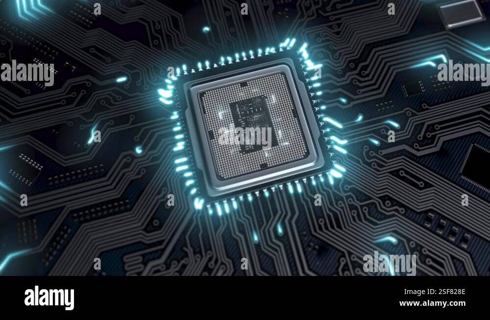 Visualization neon glowing pulses and signals from the CPU propagate through the Stock Video ...