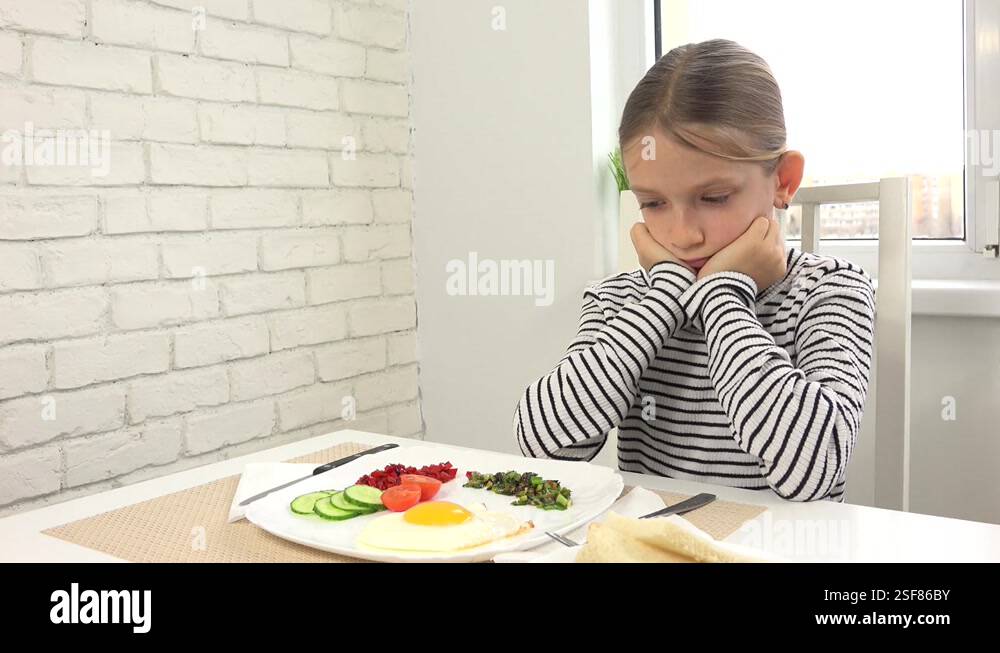 Sick Kid Couldn't Eat Breakfast in Kitchen, Sad Ill Child Looking Food ...