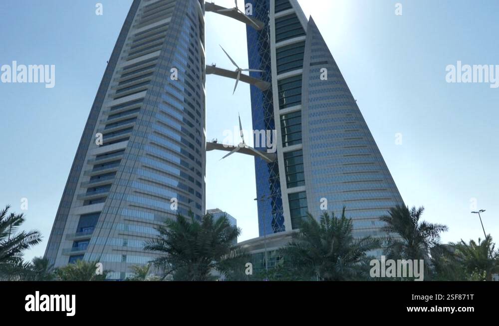 Iconic Bahrain World Trade Center Exterior With Three Wind Turbines ...